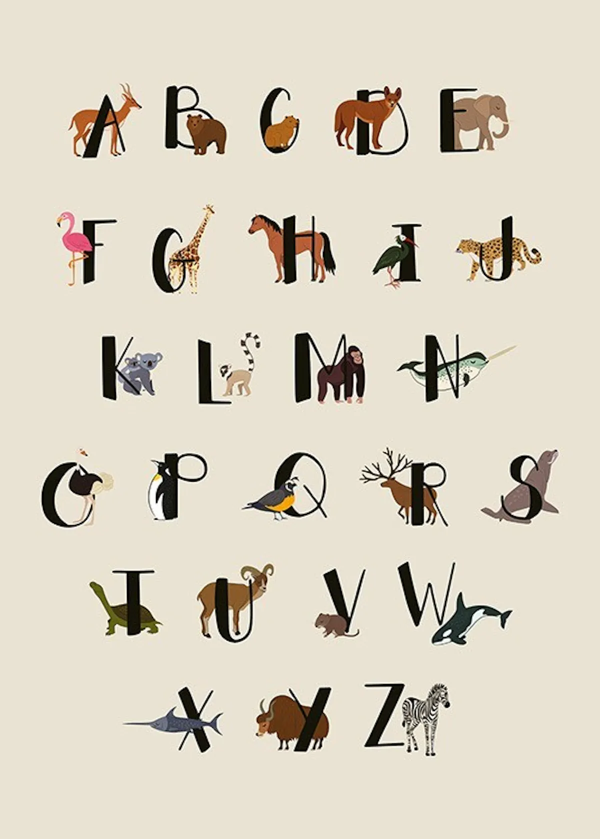 Animals Of The World Alphabet Poster - Alfabeto e animais - Desenio.